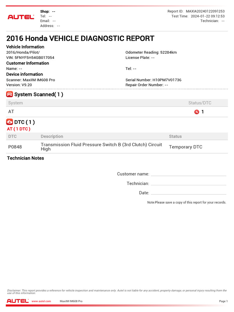 2016 Honda Vehicle Diagnostic Report: System Scanned (1) | Download ...