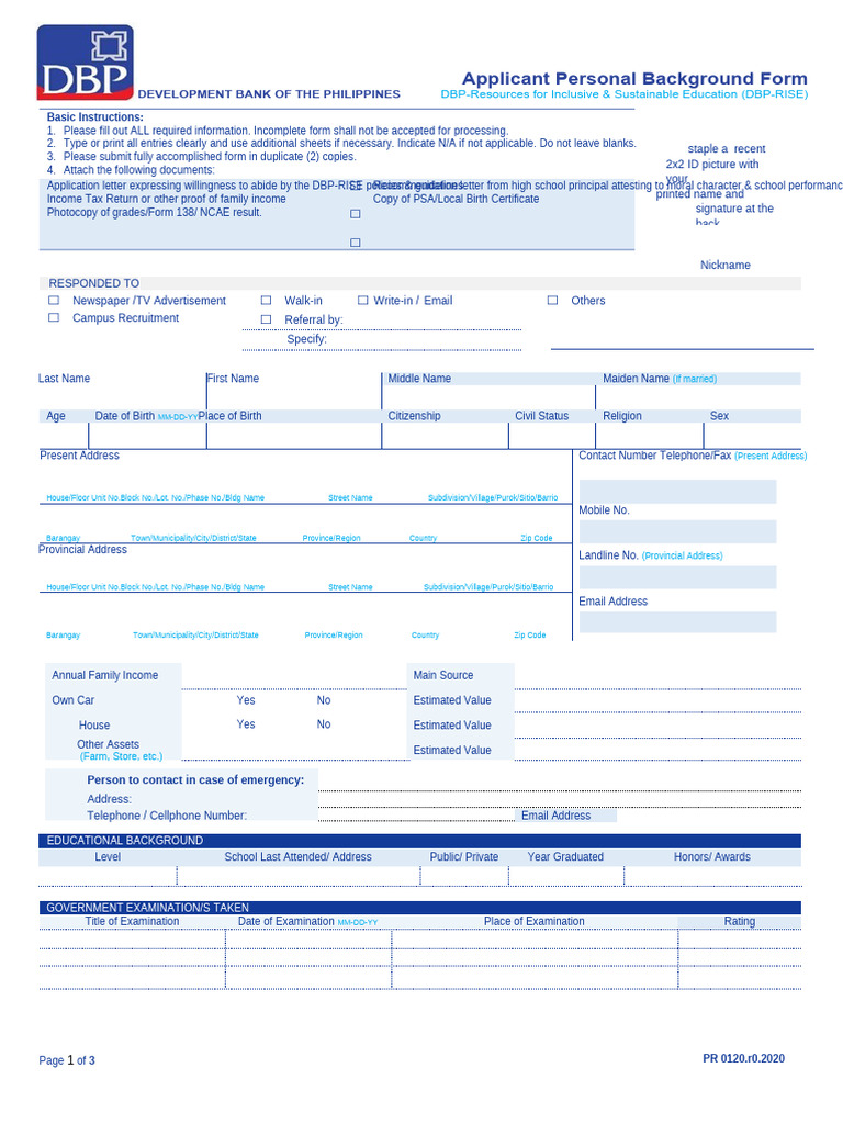 Applicant Personal Background Form (DBP Rise) Rev0 8.5 | PDF | Marriage ...