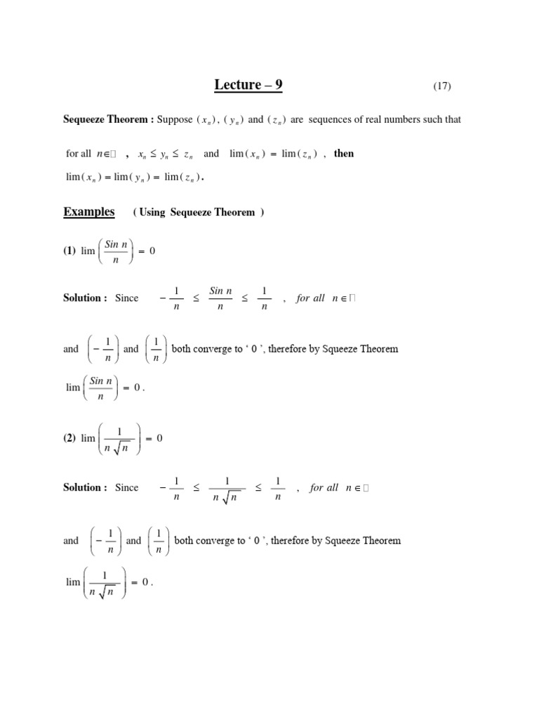 Advanced Calculus: Squeeze Theorem | PDF | Limit (Mathematics ...