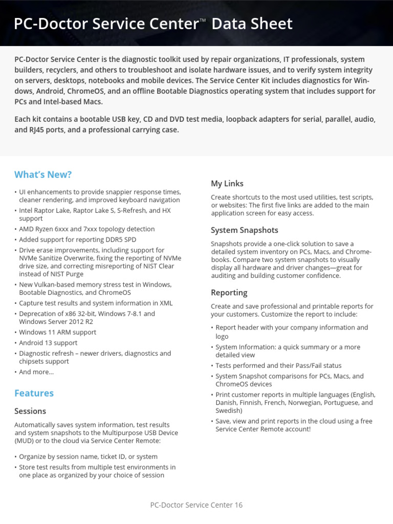 Pc-Doctor Service Center 16 Data Sheet | PDF | Booting | Computer Hardware