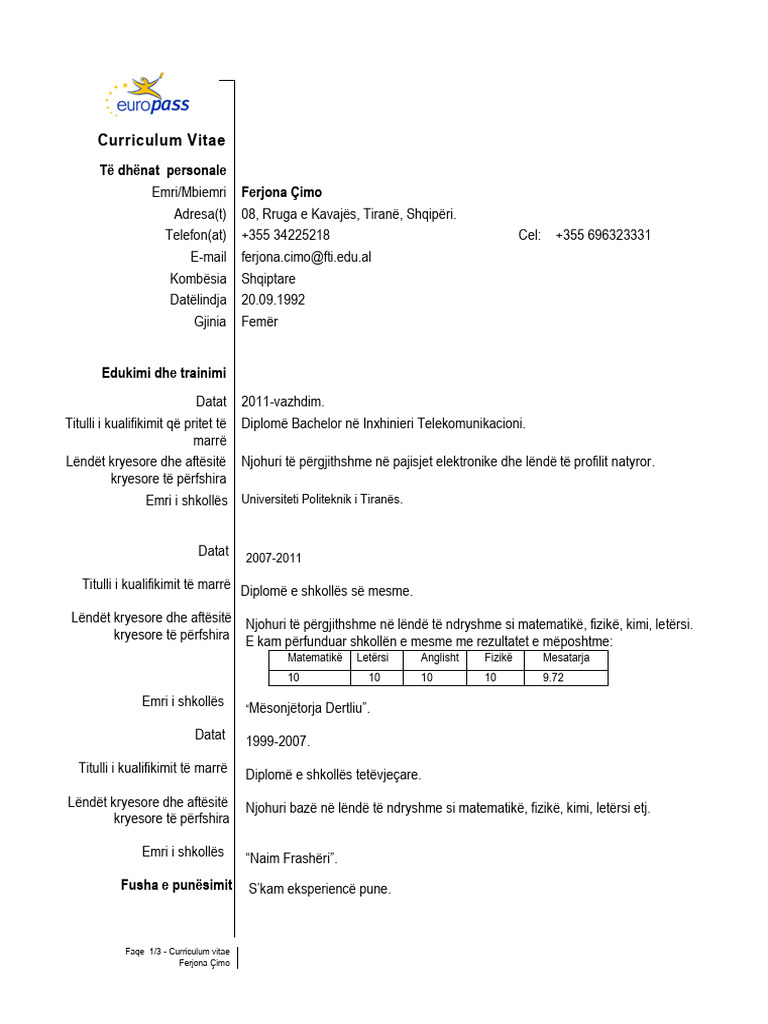 CV Shembull Shqip | PDF