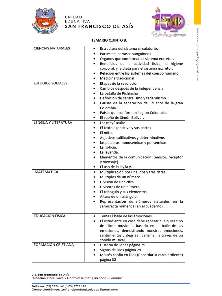 Temario Quinto B: Ciencias y Más | PDF