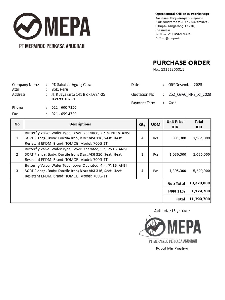 Purchase Order: No Descriptions Qty UOM Unit Price IDR Total IDR | Download Free PDF ...