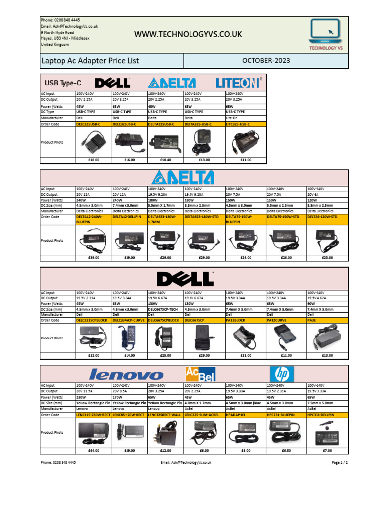 Laptop AC Adapter Price List | PDF | Electrical Engineering | Computing