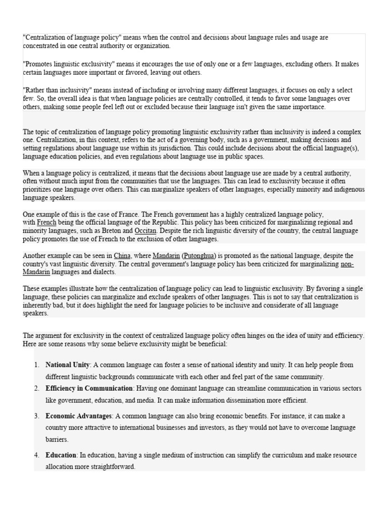 Centralization of Language Policy | PDF | Social Exclusion | Linguistics