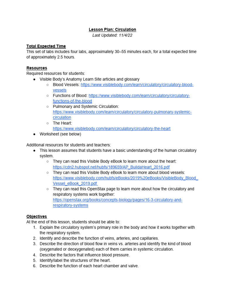 Bio Learn Lesson Plan Circulation | PDF | Heart | Vein