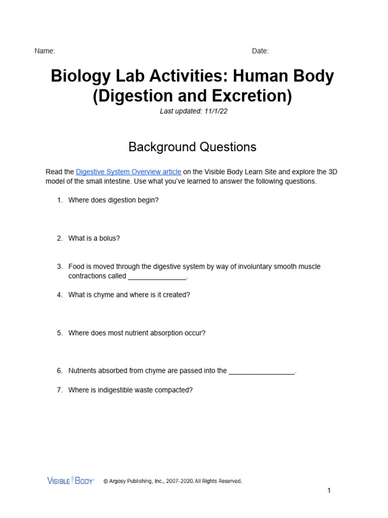 Bio Learn Lab Activities Digestion Excretion Student Full | Download ...