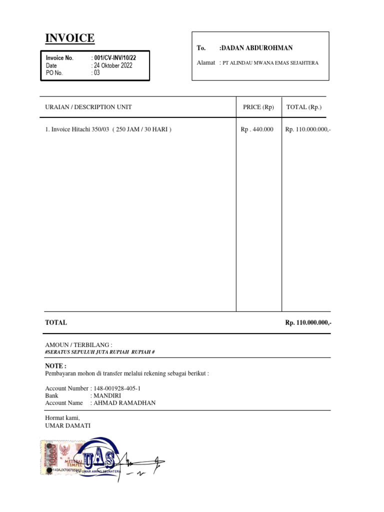 Invoice for Hitachi 350 Equipment | PDF