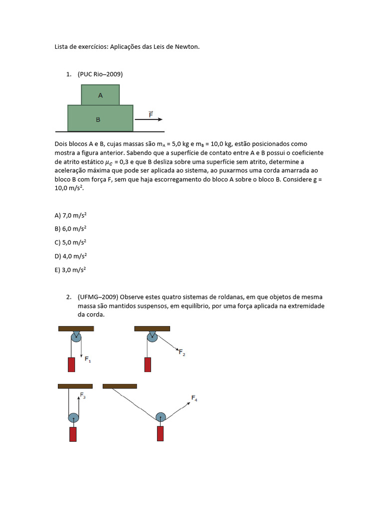 Lista Aplicacoes Leis de Newton | PDF | Atrito | Leis do Movimento de ...