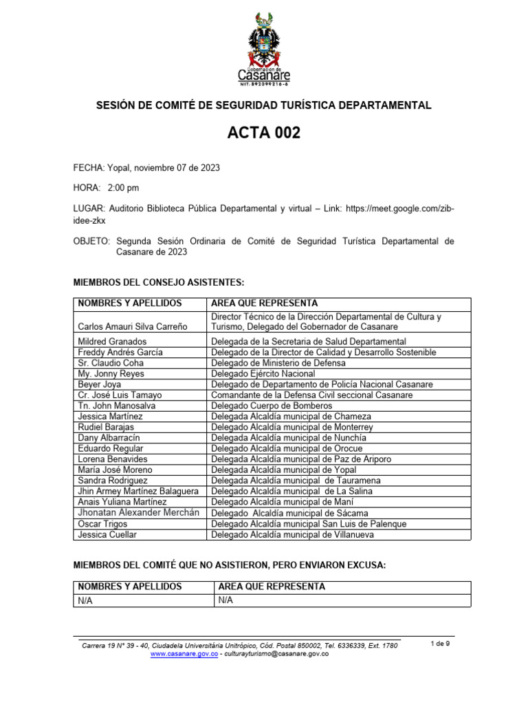 FO-GD-05 Acta 2 - COMITE DE SEGURDAD TURÍSTICA DE CASANARE 2023 | PDF