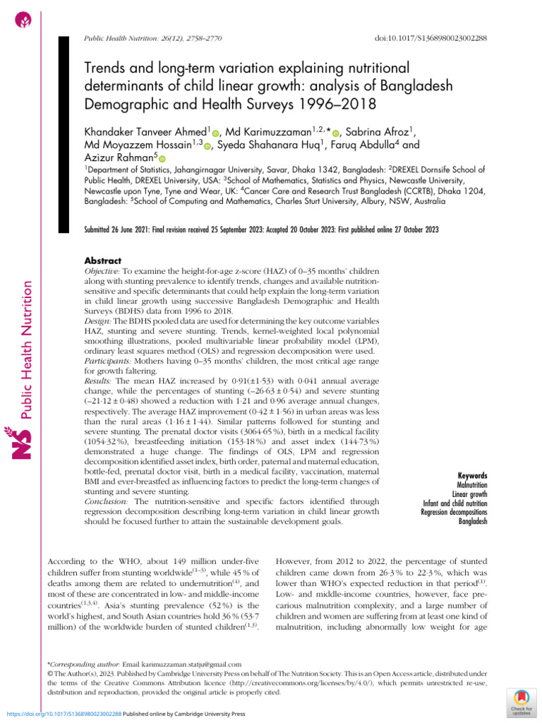 Trends and Long Term Variation Explaining Nutritional Determinants of Child Linear Growth ...