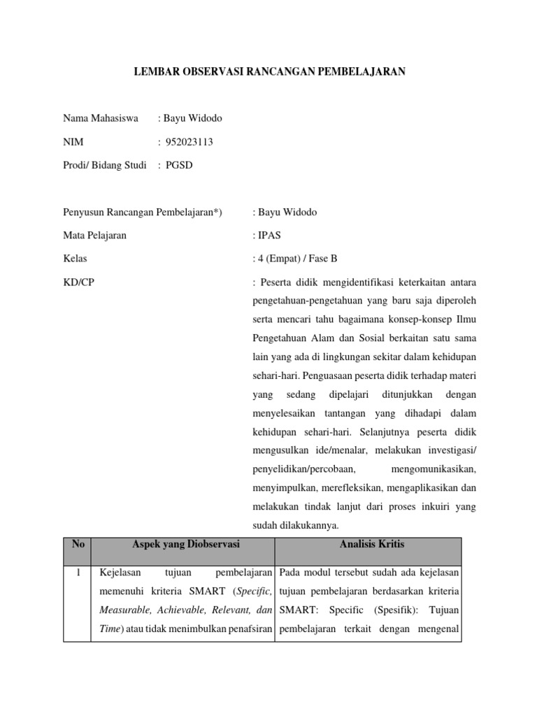 BAYU WIDODO - Lembar Observasi Rancangan Pembelajaran Siklus 2 | PDF | Karier & Perkembangan | Seni
