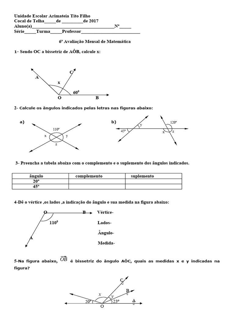 Prova de Matemática 7º Ano | PDF | Ângulo | Geometria Euclidiana