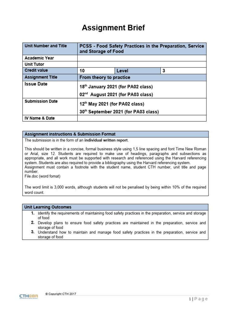 Assignment Brief and Frontsheet - PCSS - Food Safety Practices 2021 ... Assignment Brief and Frontsheet - PCSS - Food Safety Practices 2021 ...