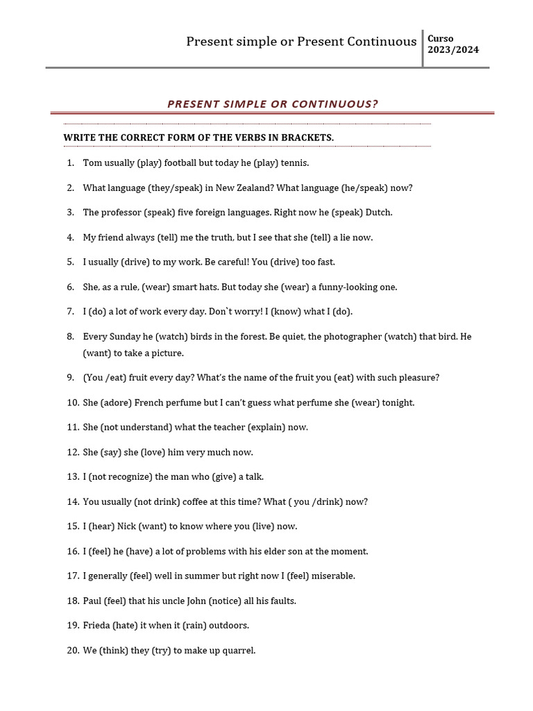 Worksheet1 - Present Simple or Continuous | PDF