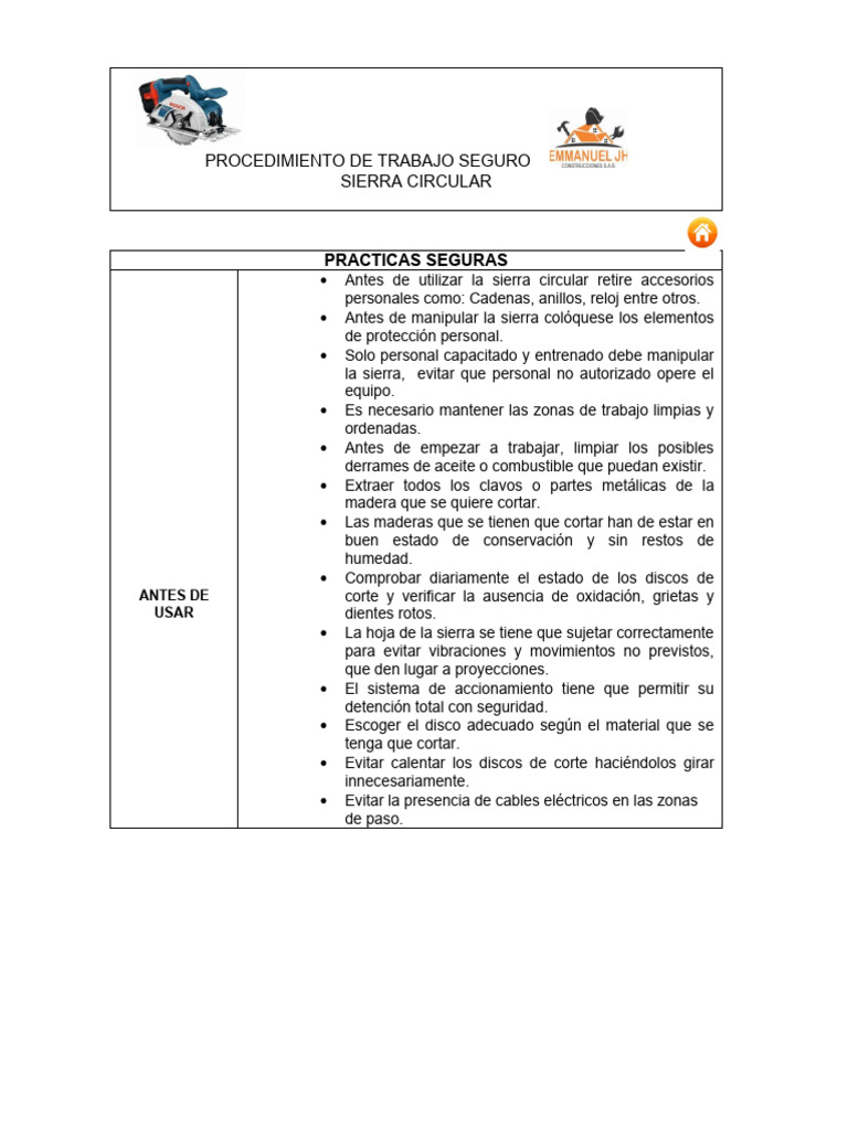 Procedimiento de Trabajo Seguro - Sierra Circular | PDF | Bienes manufacturados