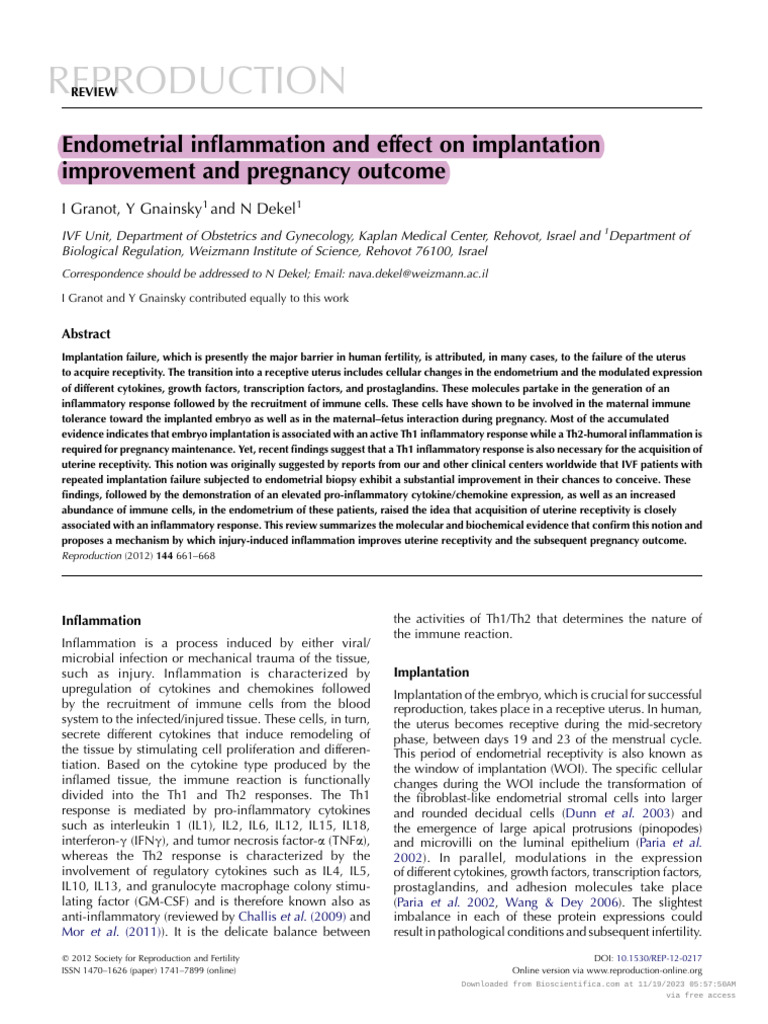 Endometrial Inflammation and Effect On Implantation - Granot - 2012 ...