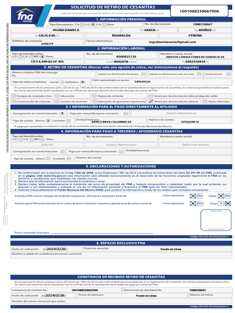 Solicitud Retiro Cesantías FNA GCP-ACC-FO-018 | PDF
