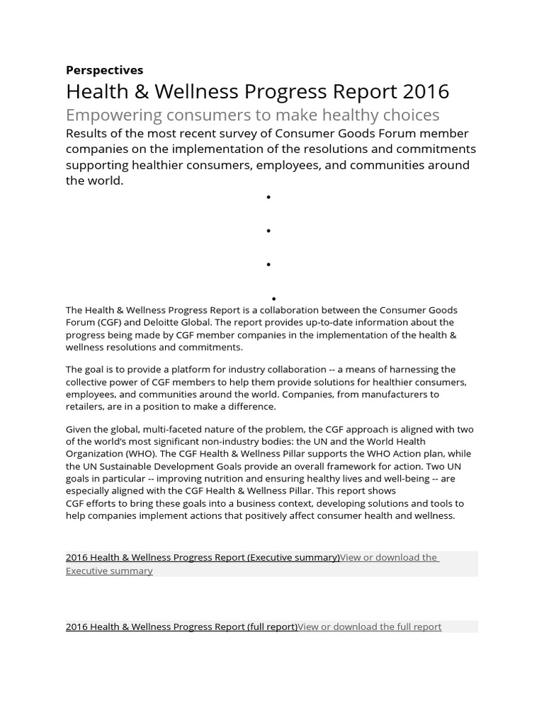 Health & Wellness Progress Report 2016: Empowering Consumers To Make ...