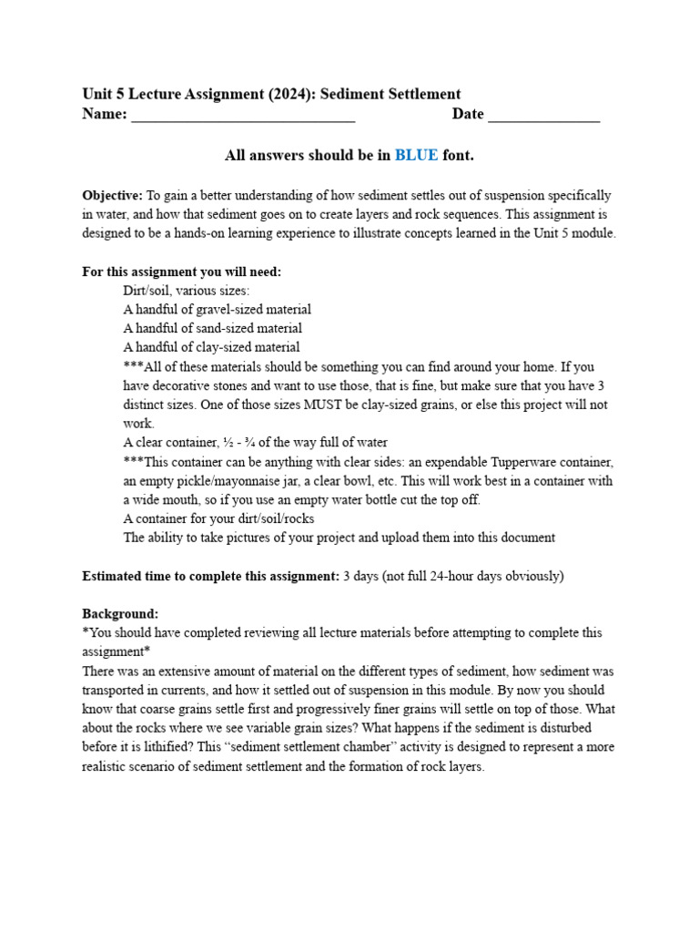 Unit 5 Lecture Assignment - Sediment Settlement - 2024 | PDF | Sediment | Sedimentary Rock
