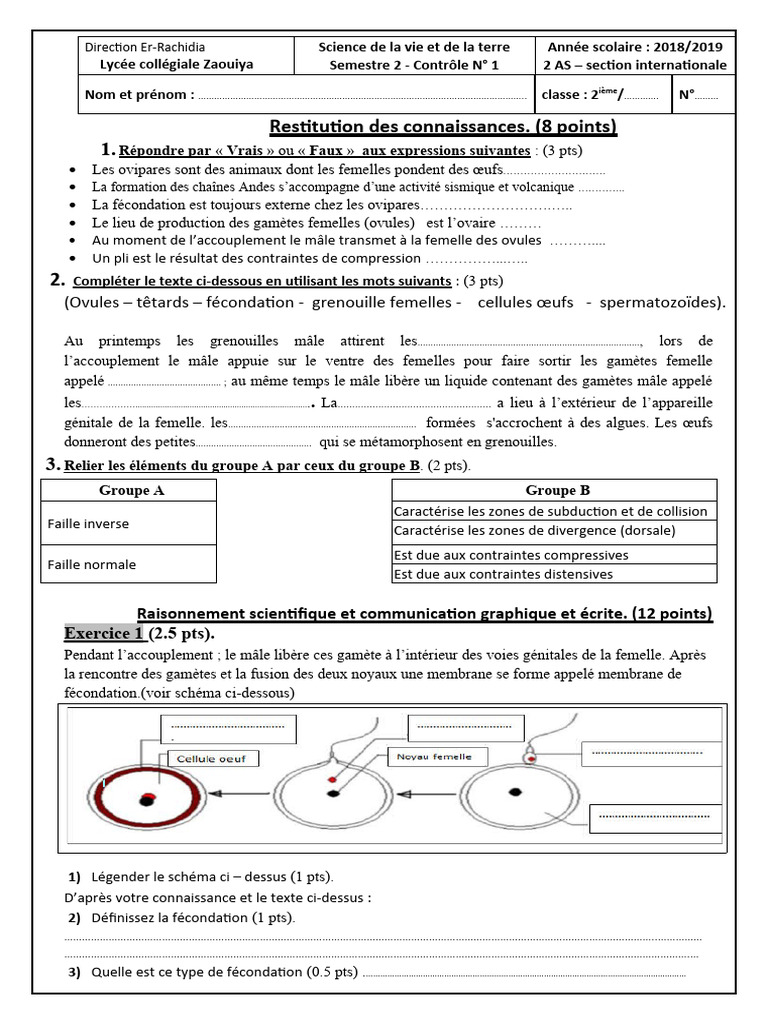 Contrôle SVT 2AC Semestre 2 avec Corrigés | PDF | Fécondation | Mâle