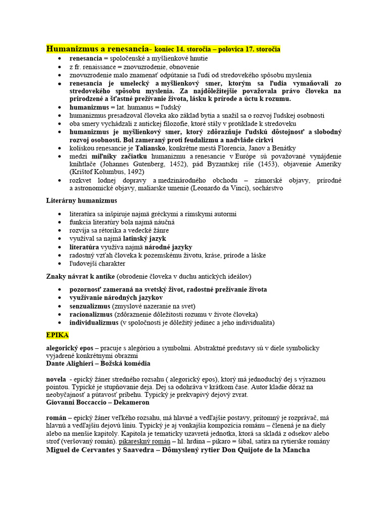 Humanizmus A Renesancia 1B Poznámky A Diela | PDF