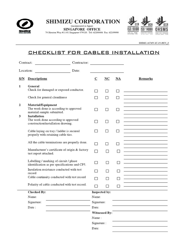 Cable Installation Checklist For ACMV | PDF