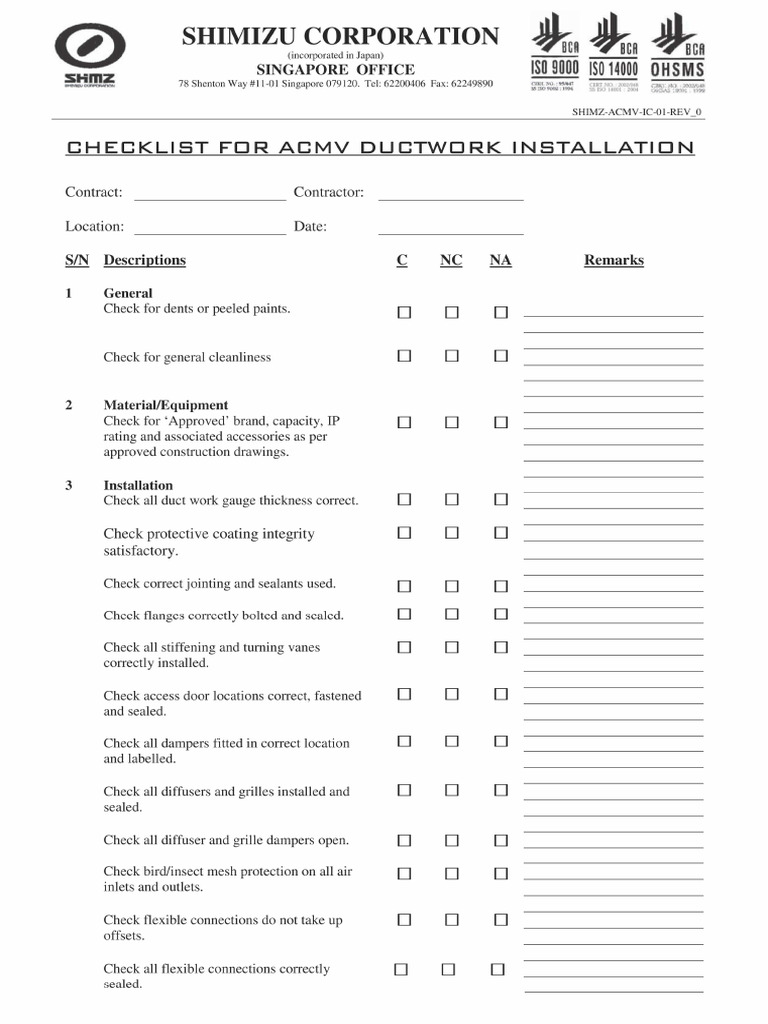 Checklist For ACMV Ductwork Installation | PDF