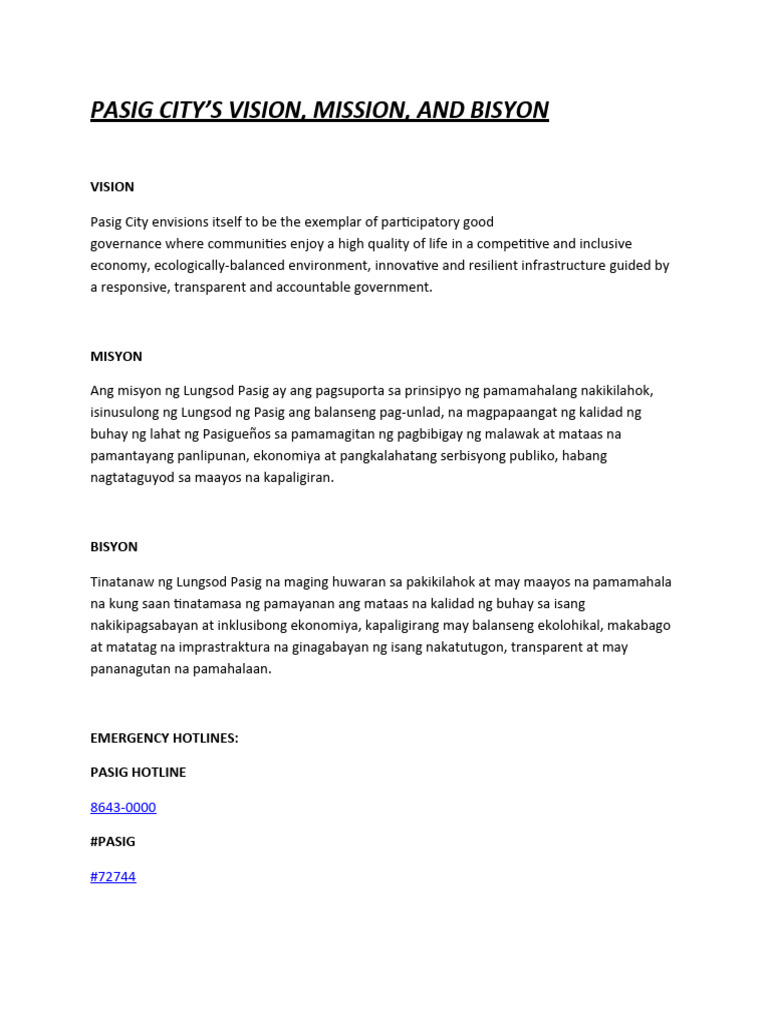 Pasig City's Vision, Misyon, and Bisyon | PDF