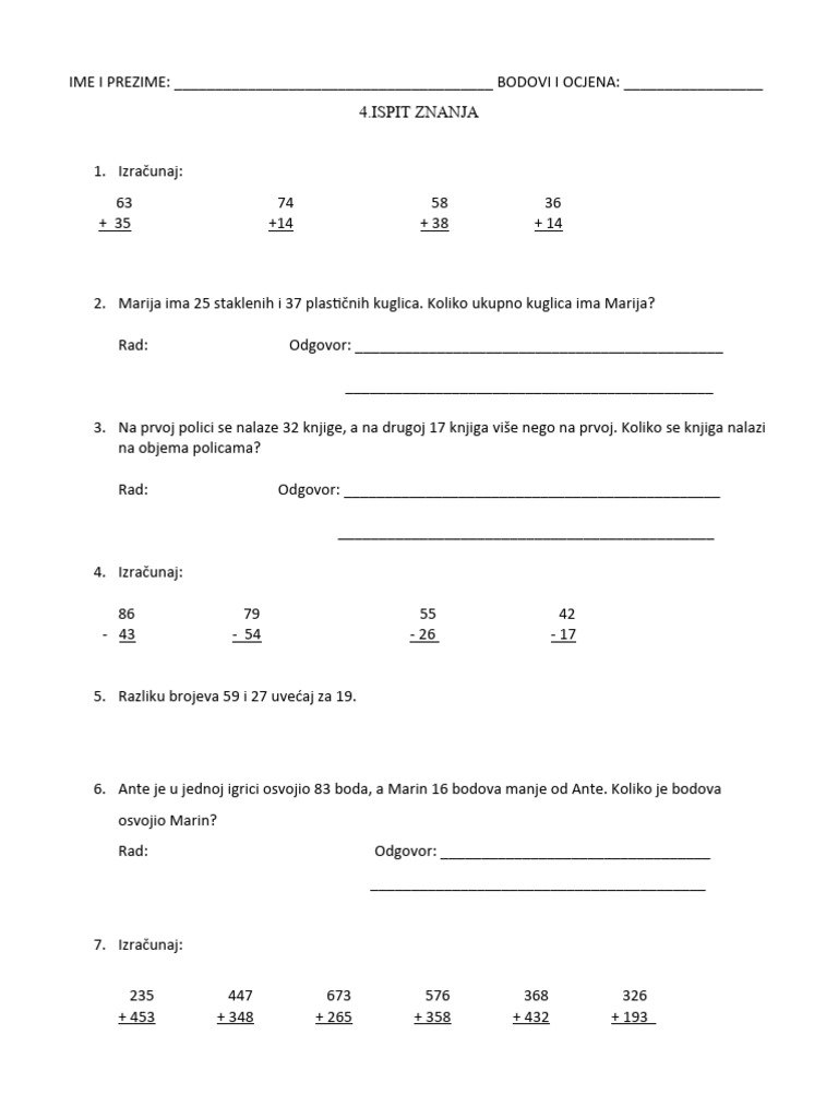 4.ispit - Pisano Zbrajanje Do 1000 | PDF