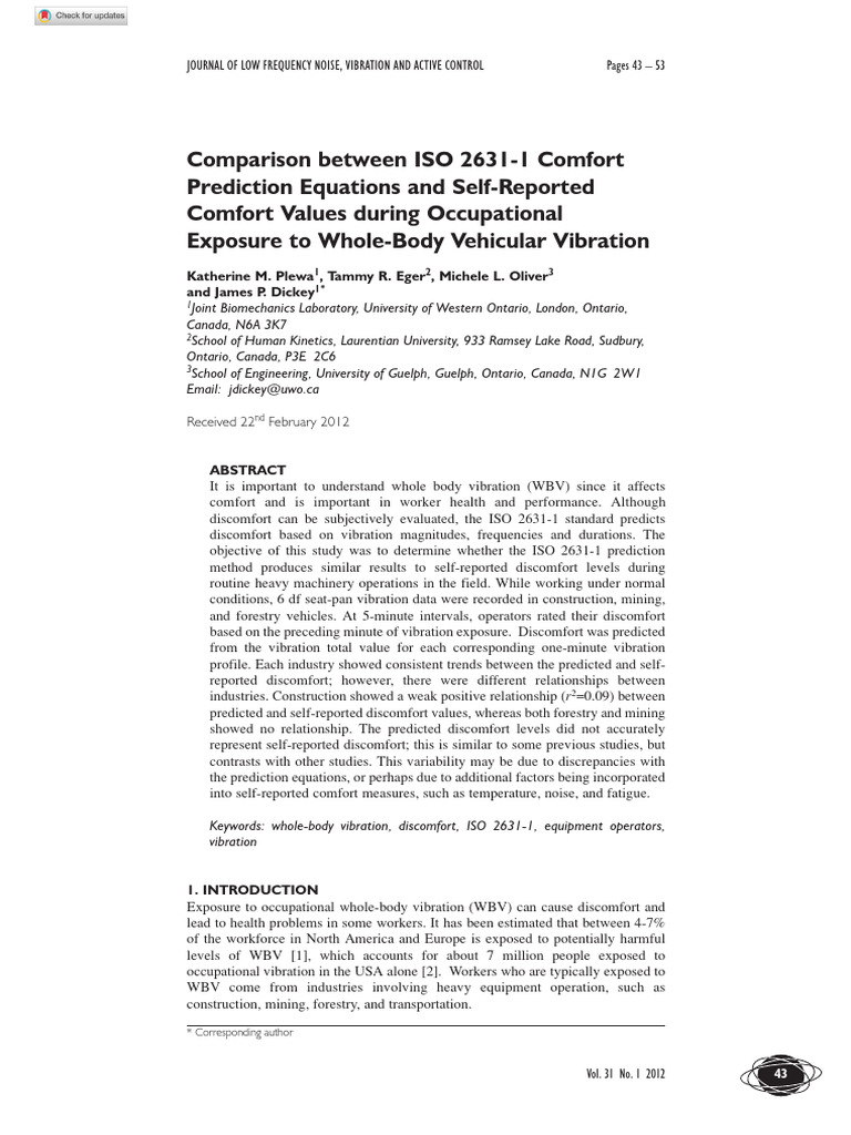 Plewa Et Al 2012 Comparison Between Iso 2631 1 Comfort Prediction ...