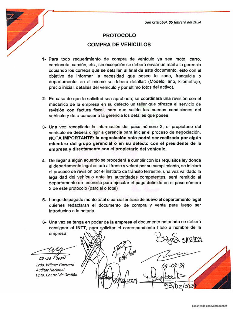 Protocolo Compra Vehículos Norte | PDF