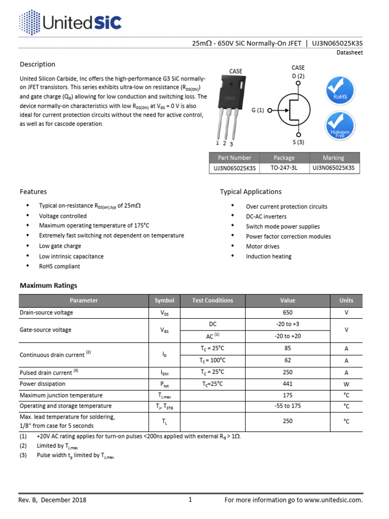 UJ3N065025K3S Data Sheet | PDF | Field Effect Transistor | Computer ...