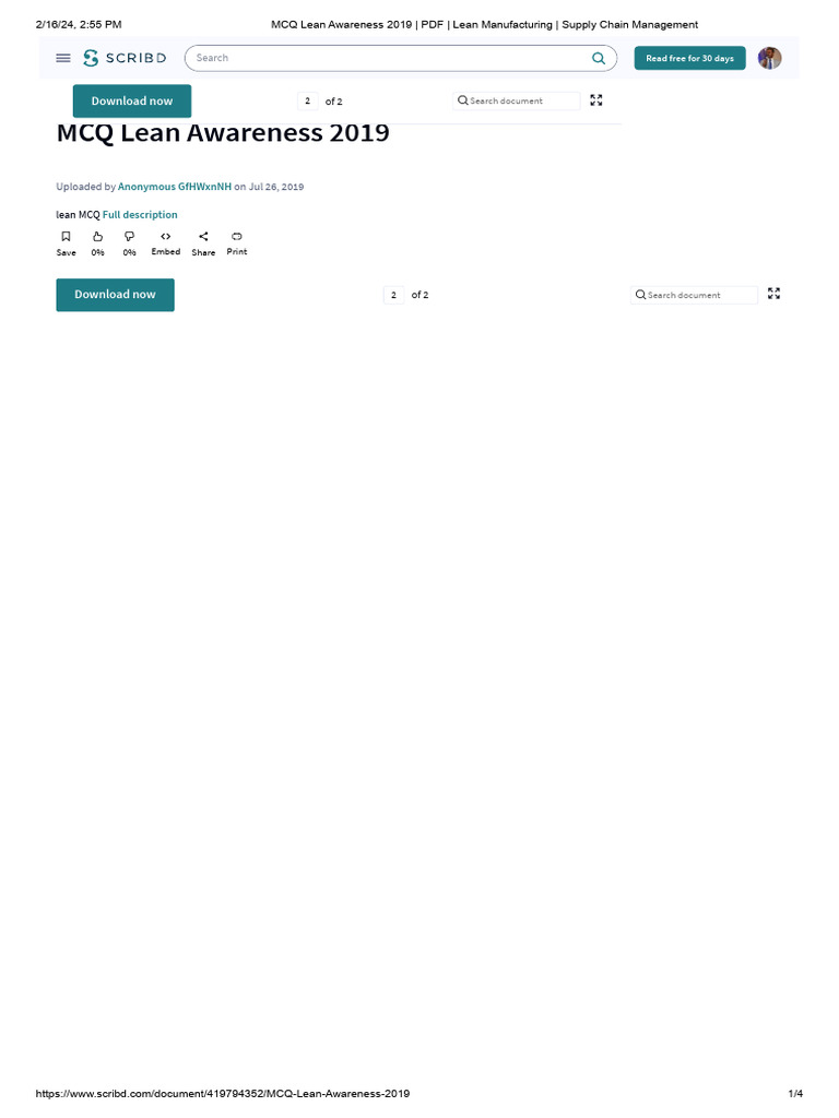 MCQ Lean Awareness 2019 - PDF - Lean Manufacturing - Supply Chain Management | PDF | Scribd ...