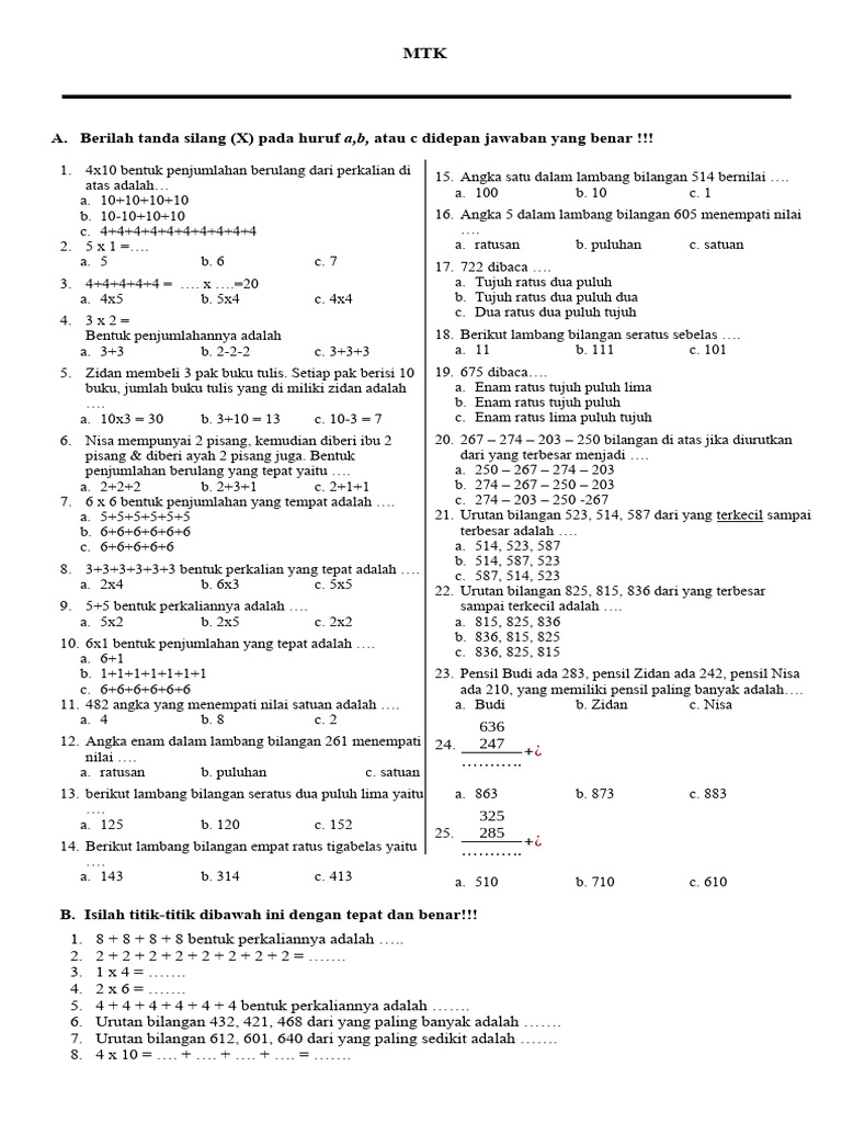 Soal Pas Kelas 2 MTK | PDF