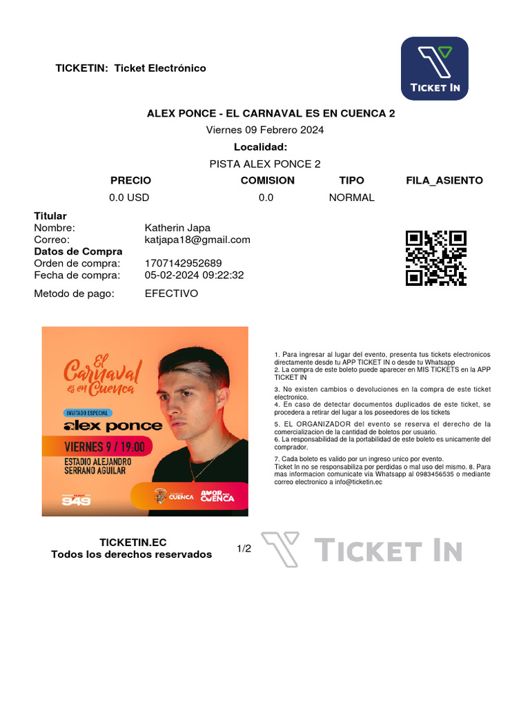 Viernes 09 Febrero 2024: TICKETIN: Ticket Electrónico | PDF