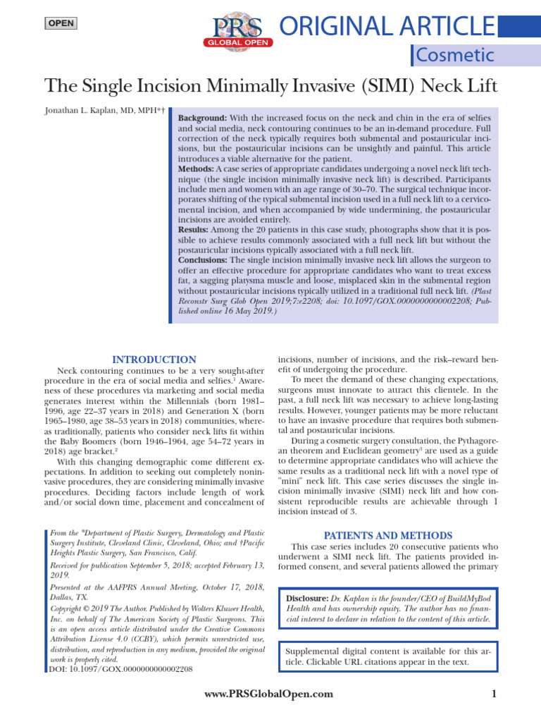 The Single Incision Minimally Invasive (SIMI) Neck Lift | PDF | Surgery ...