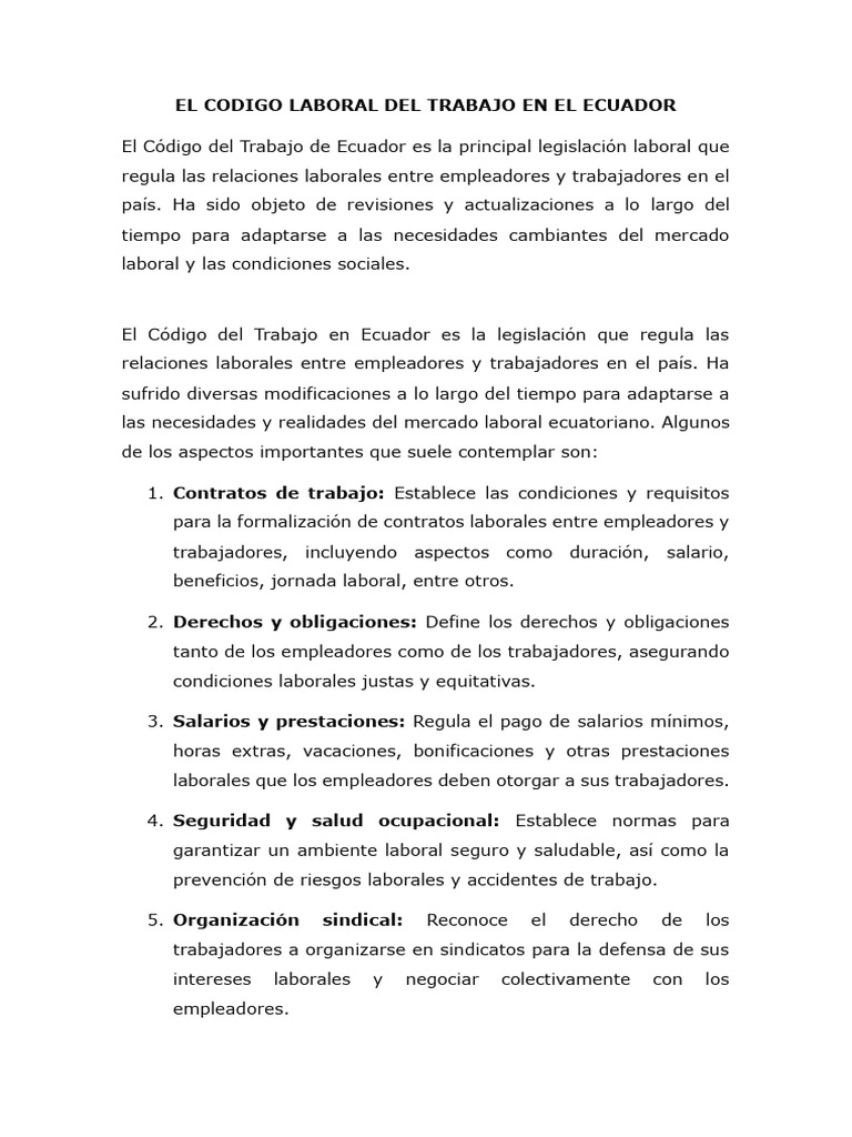 El Codigo Laboral Del Trabajo en El Ecuador | PDF | Derecho laboral ...