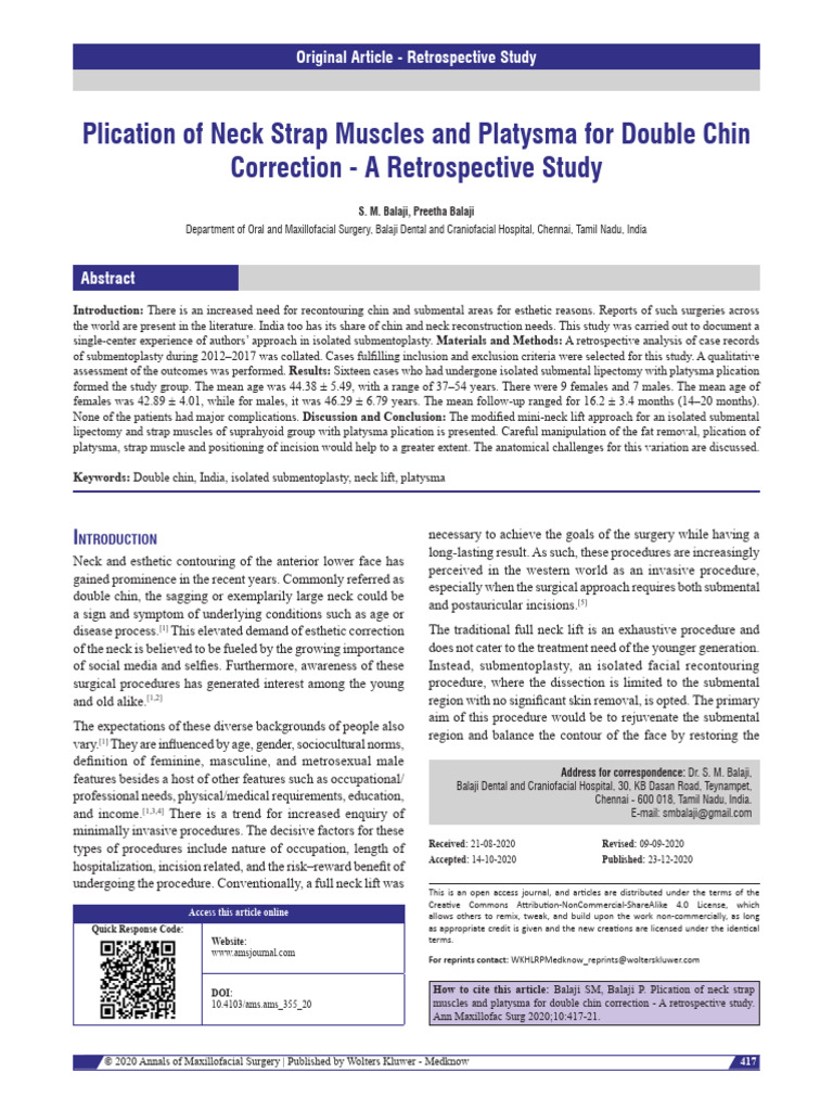 Plication of Neck Strap Muscles and Platysma For Double Chin Correction ...