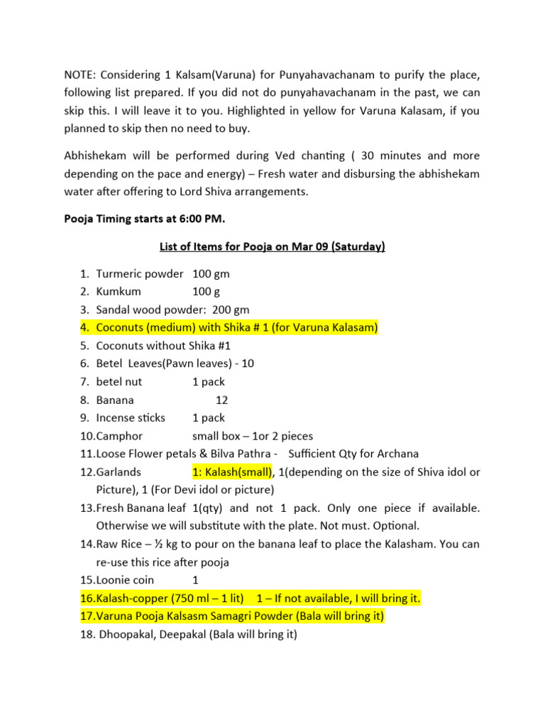 Shiva Pooja Samagri List for March 9 | PDF | Cuisine | Foods