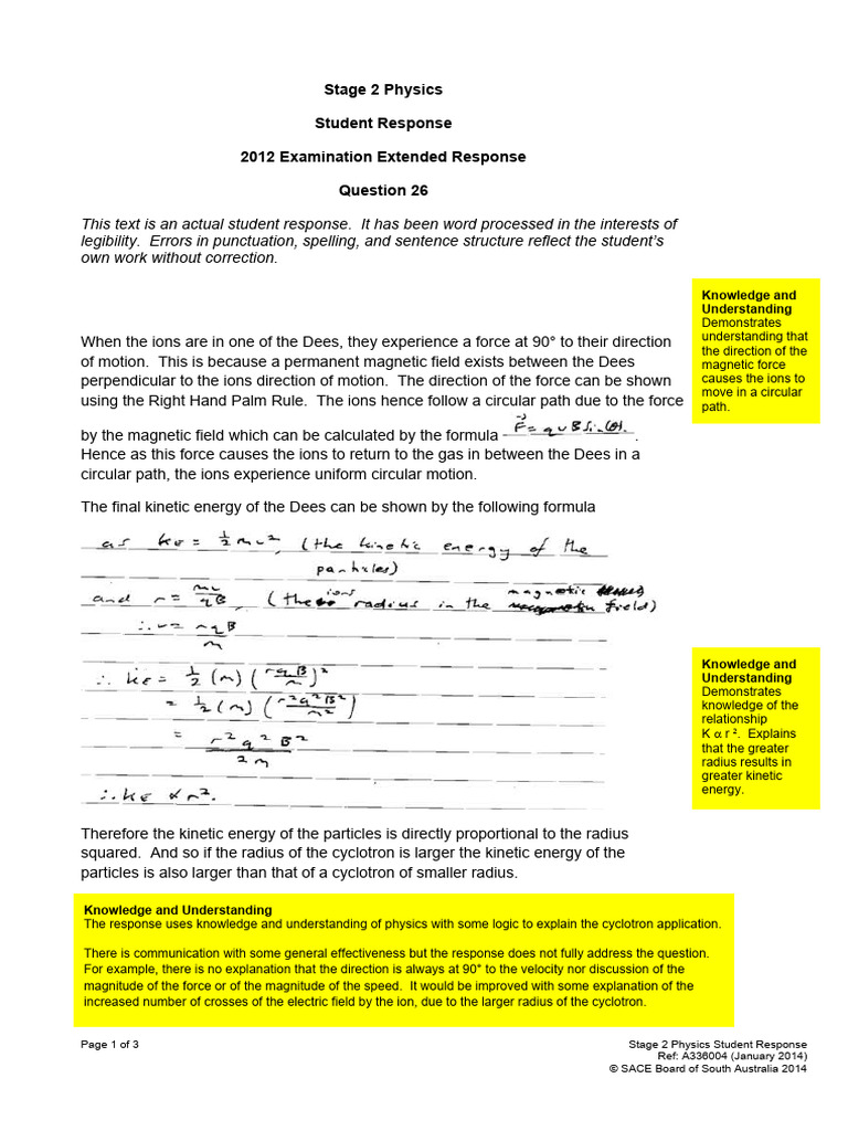 Cyclotron Physics: Student Exam Response | PDF | Physics | Force