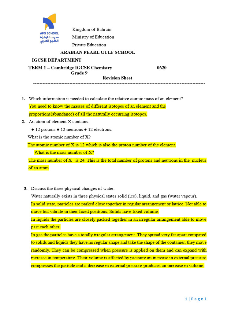 IGCSE Chemistry Revision for Grade 9 | PDF | Atoms | Gases