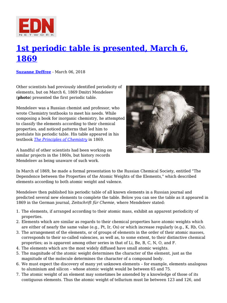 1st Periodic Table Is Presented March 6 1869 | PDF | Periodic Table | Chemical Elements