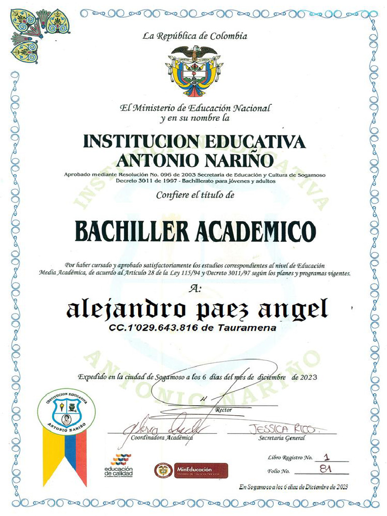 Diploma Bachiller | PDF