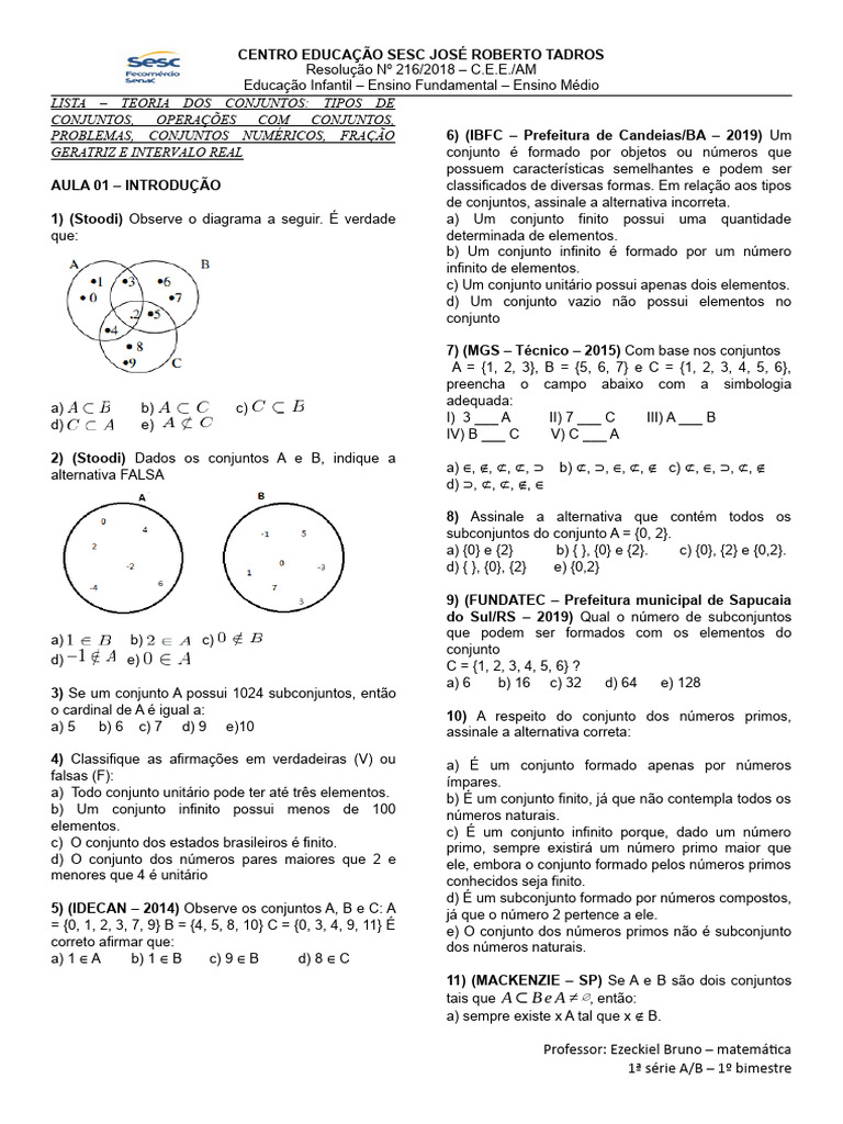Lista 1 - Teoria Dos Conjuntos | PDF | Conjunto (Matemática) | Conjunto ...