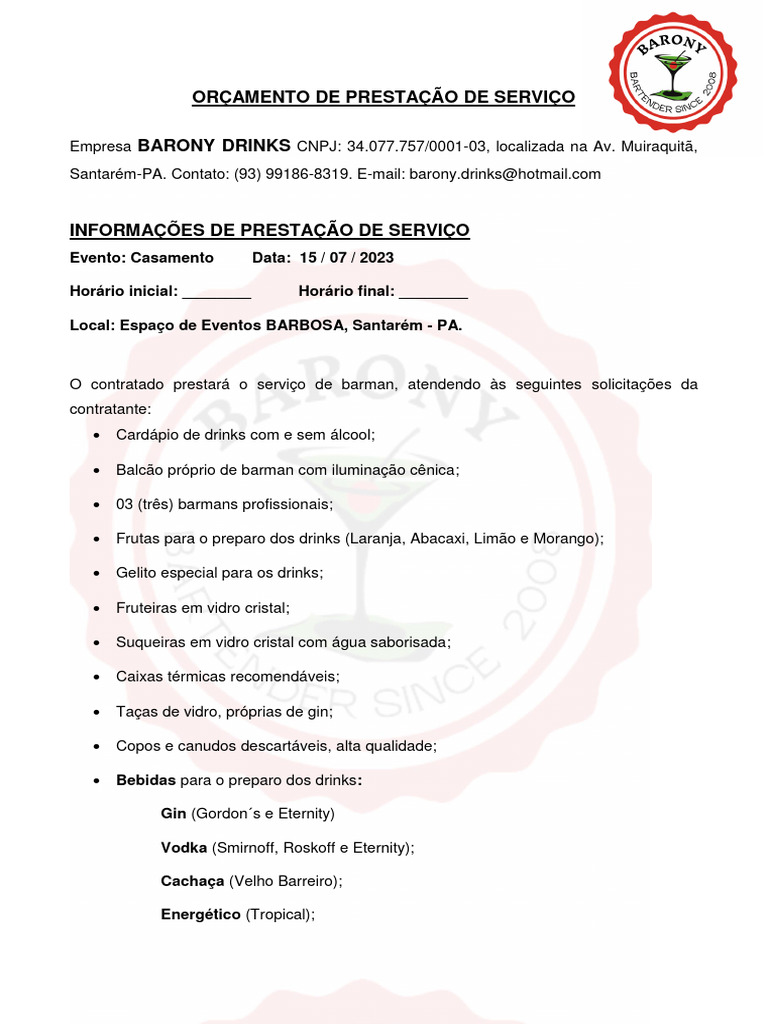 BARONY DRINKS - Orçamento - Casamento - 15-07-23 | PDF