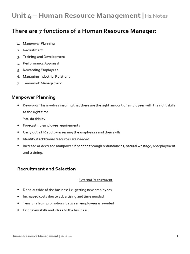 Unit 4 - Human Resource Management - : There Are 7 Functions of A Human Resource Manager | PDF ...