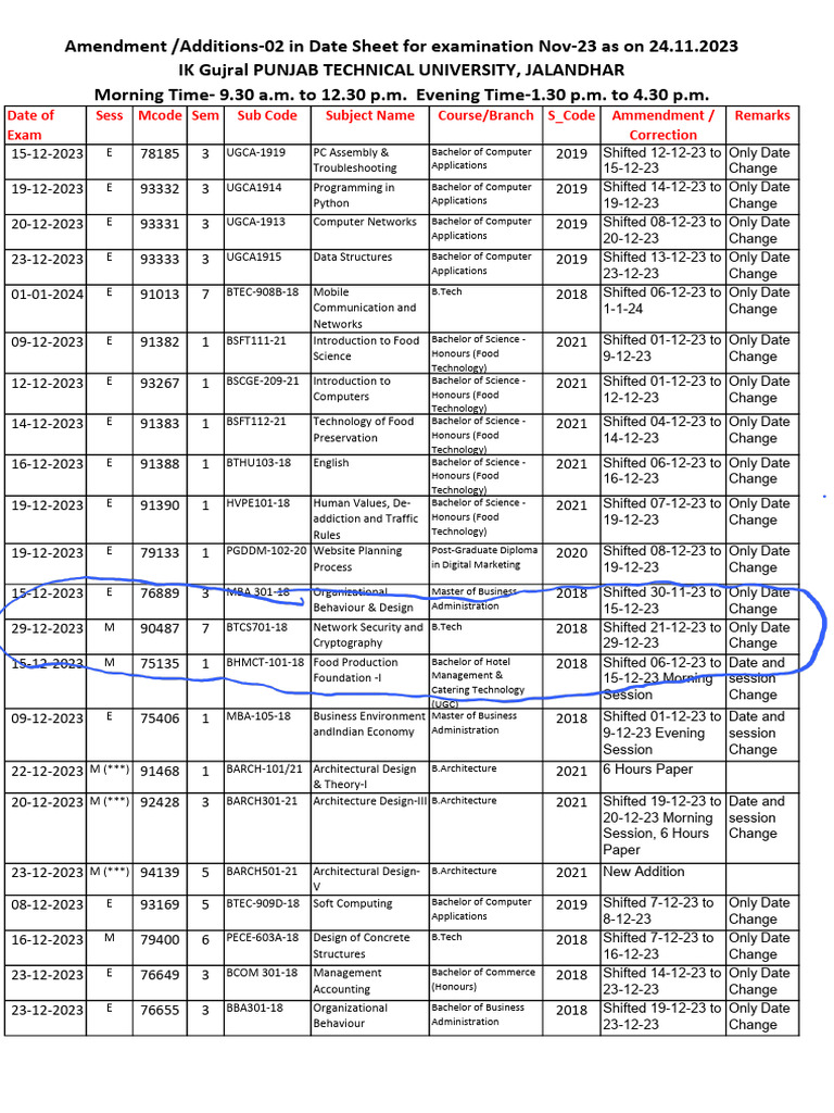 Exam Date Changes for Various Courses | PDF