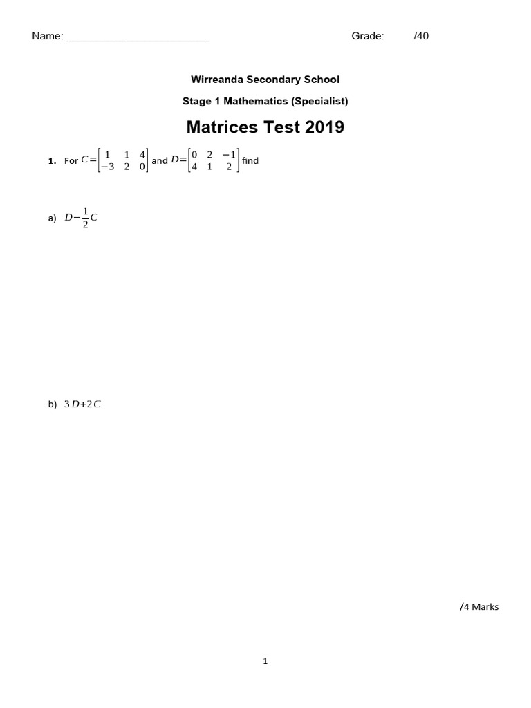11 Specialist Matrices Test 2019 | PDF | Matrix (Mathematics) | Scalar ...
