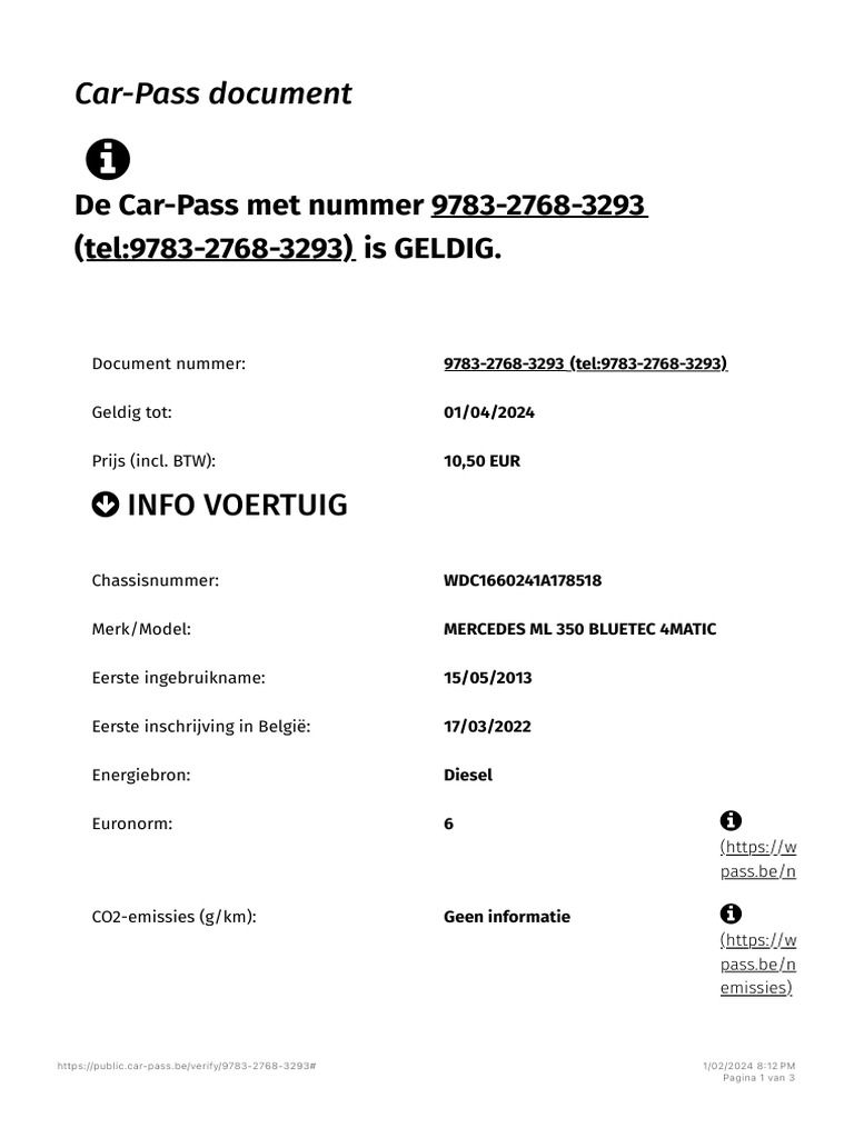 Car-Pass Document: de Car-Pass Met Nummer 9783-2768-3293 (Tel:9783-2768 ...